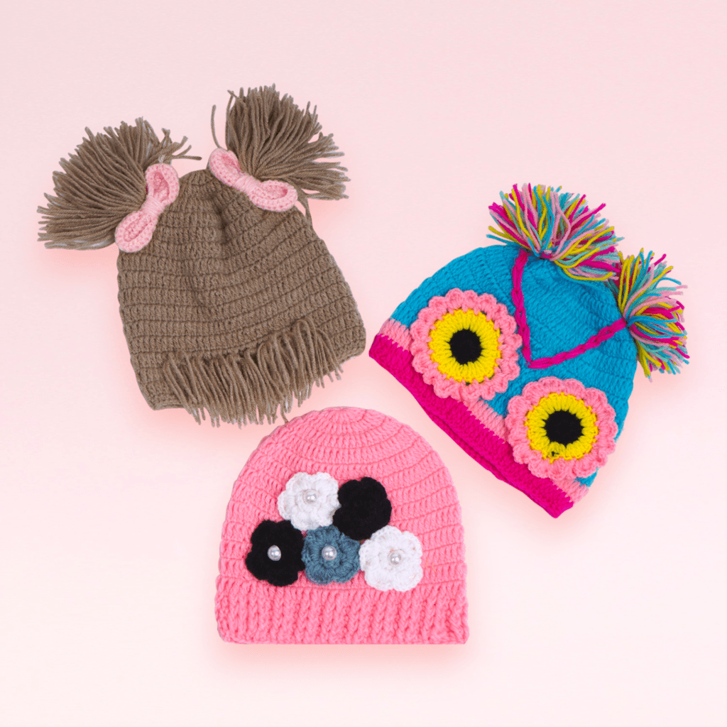 Brown Blue and Baby Pink Cap (pair of 3) - Little Croche Creation